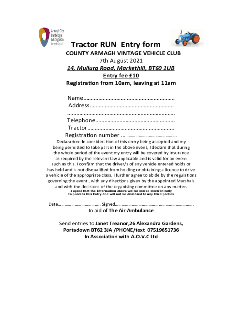 Fillable Online Tractor Run March 2020 - County Armagh Vintage Vehicle ...
