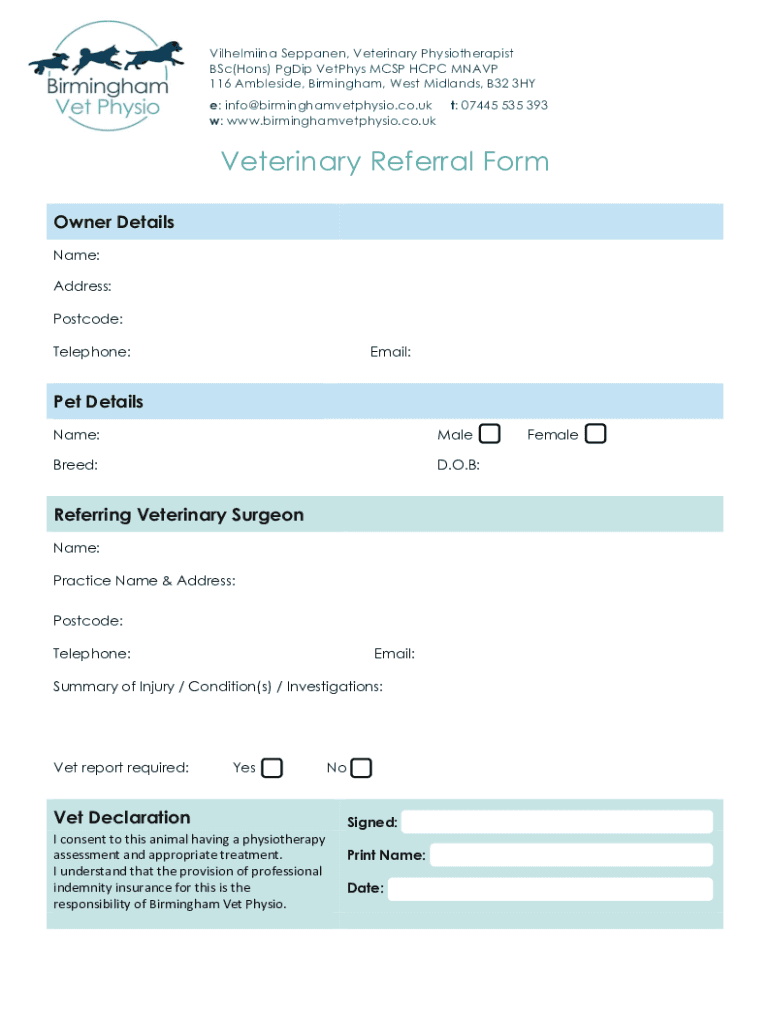 Fillable Online Veterinary Referral Form - birminghamvetphysio.co.uk ...