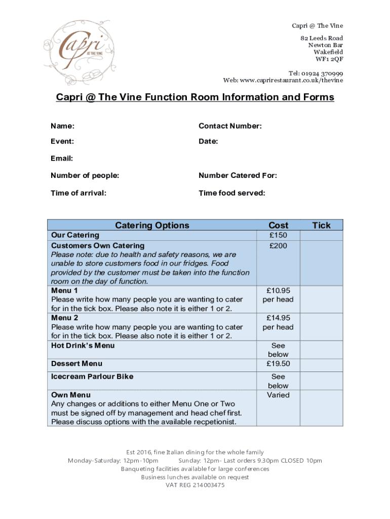 Fillable Online Capri Vine - Function Room Booking Form and Information ...