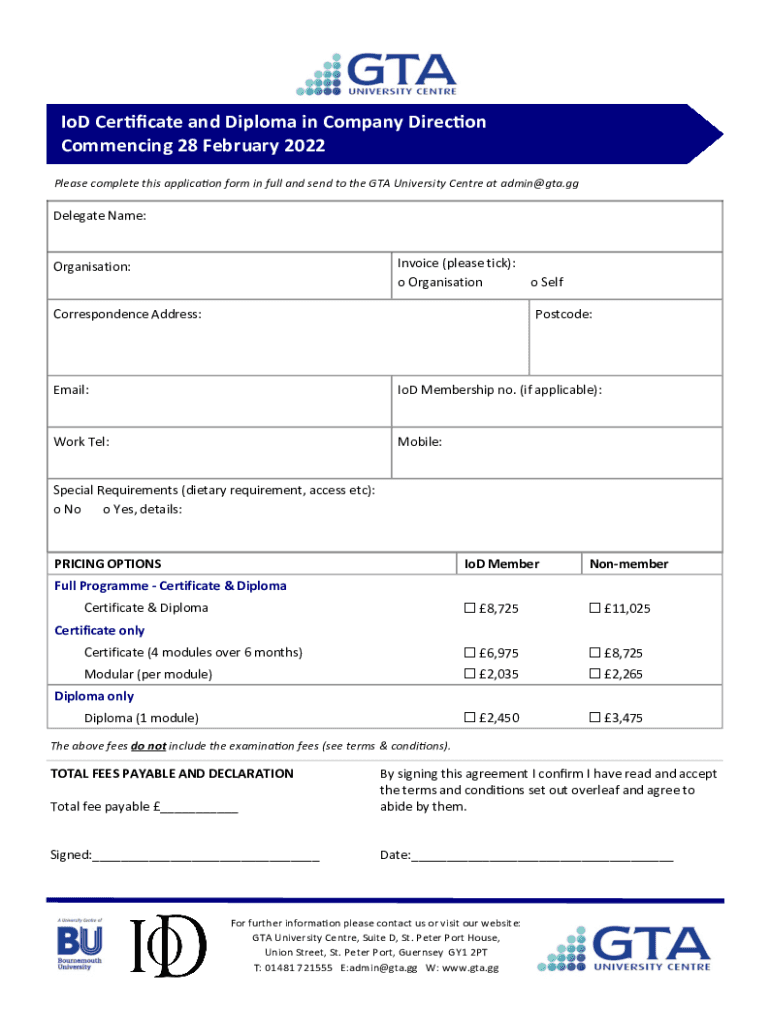 Fillable Online IoD Certificate and Diploma in Company DirectionGTA Fax ...