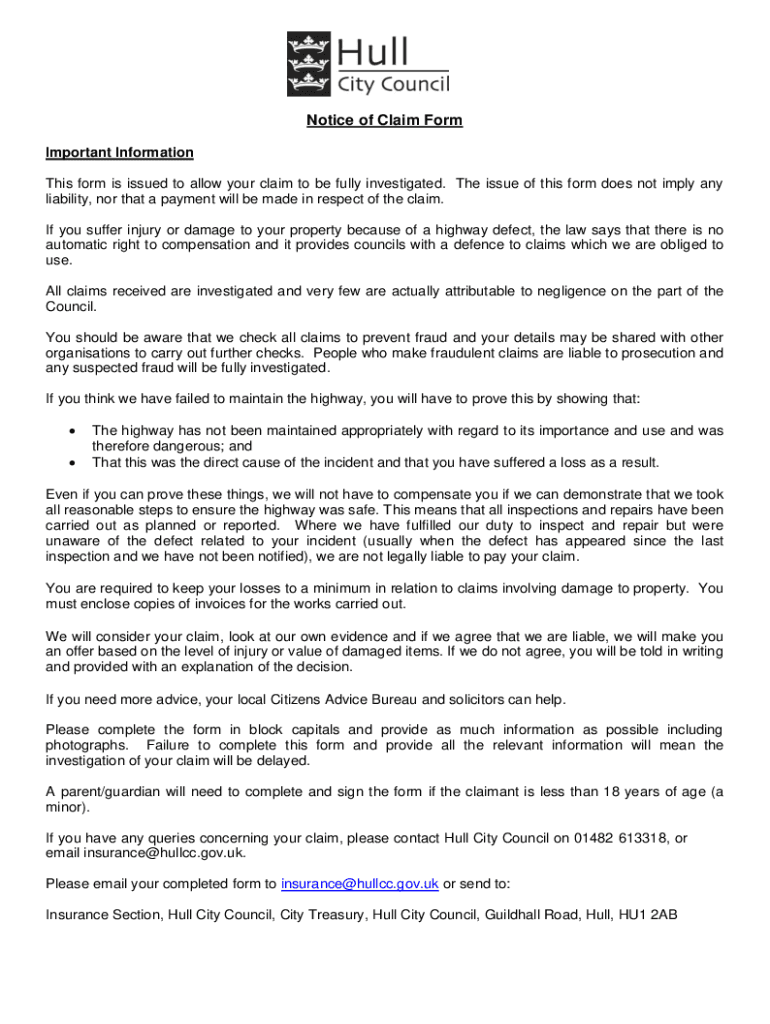 Fillable Online Highways Claim Form (Word version).doc - NOTICE OF ...
