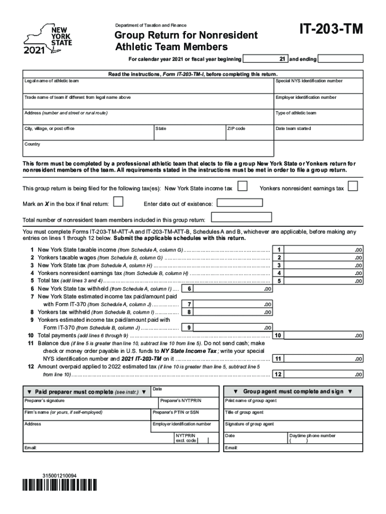 Form IT-203-TM Group Return for Nonresident Athletic Team Members Tax ...