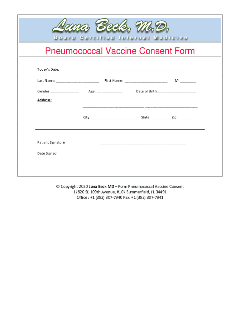 Fillable Online Pneumococcal Vaccine Consent Form - Luna Beck MD Fax ...