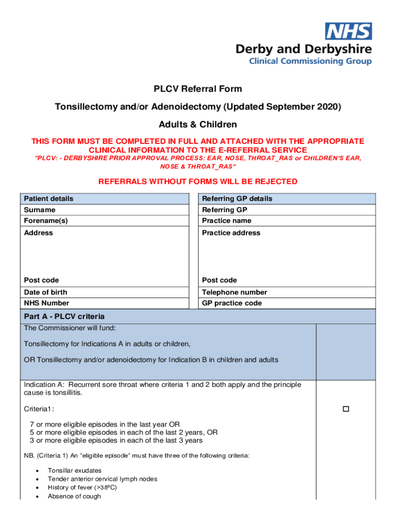 Fillable Online PLCV Referral Form Tonsillectomy and/or Adenoidectomy ...