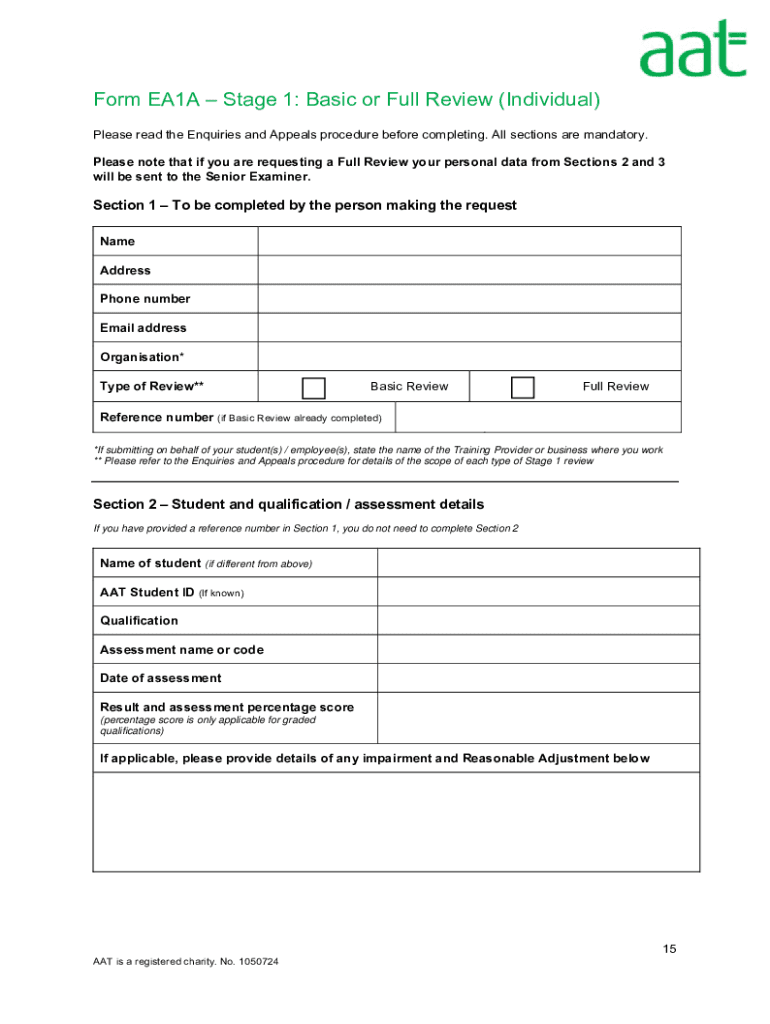 Fillable Online Form EA1AStage 1: Basic or Full Review (Individual) Fax ...