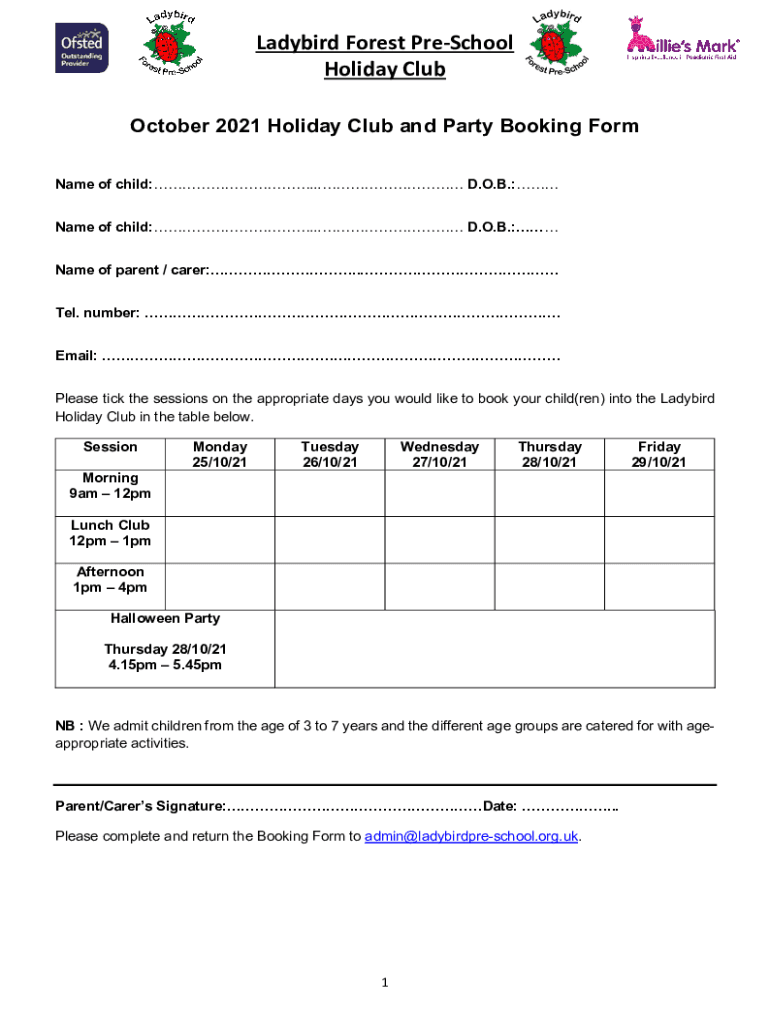 Fillable Online Ladybird October Holiday Club and Party Booking Form ...