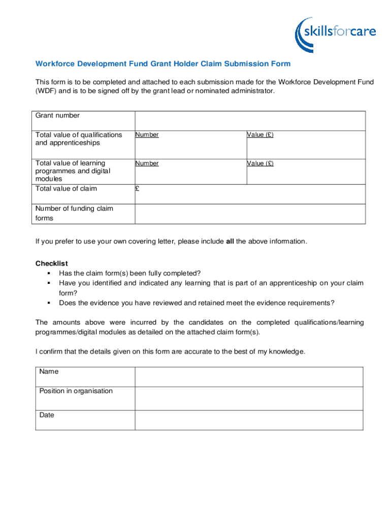 Fillable Online Workforce Development Fund Grant Holder Claim ...