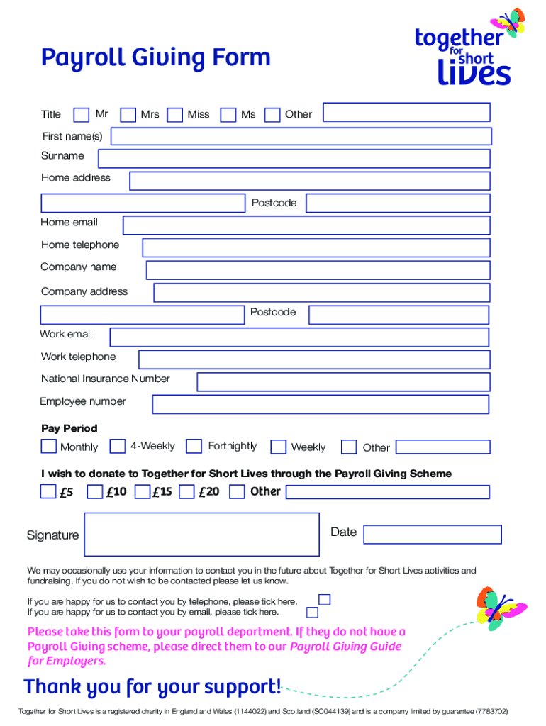 Fillable Online Payroll Giving Form - Together for Short Lives ...