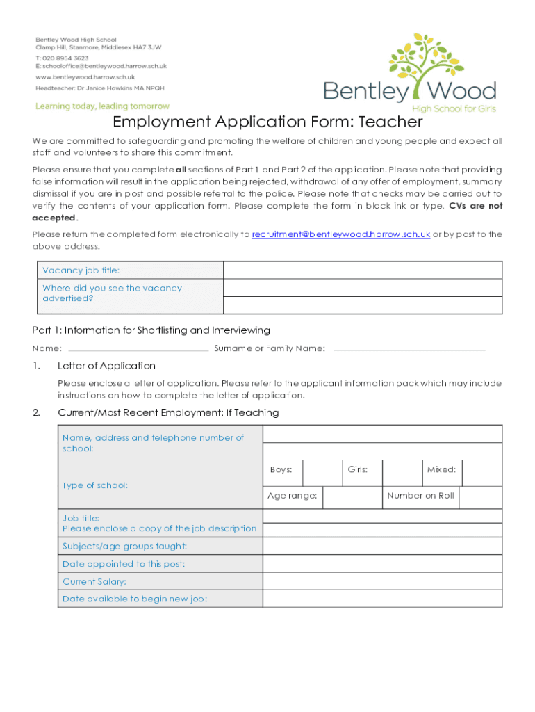 Fillable Online Employment Application Form: Teacher - cap.education ...
