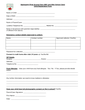 Fillable Online Wrap Around Care Registration Form - Applegarth Primary ...