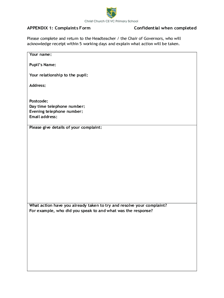 Fillable Online APPENDIX 1: Complaints Form Confidential when completed ...