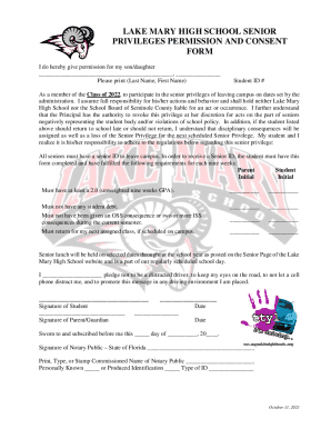 Fillable Online LAKE MARY HIGH SCHOOL SENIOR PRIVILEGES PERMISSION AND ...