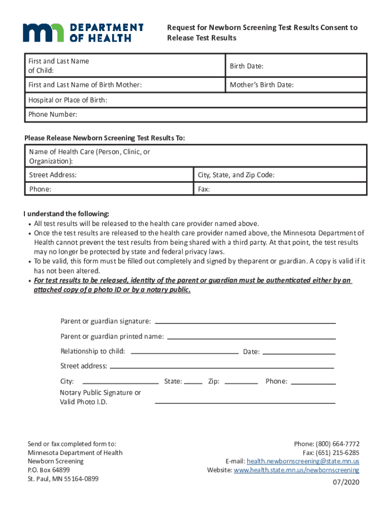 Fillable Online health state mn Request for Newborn Screening Test ...