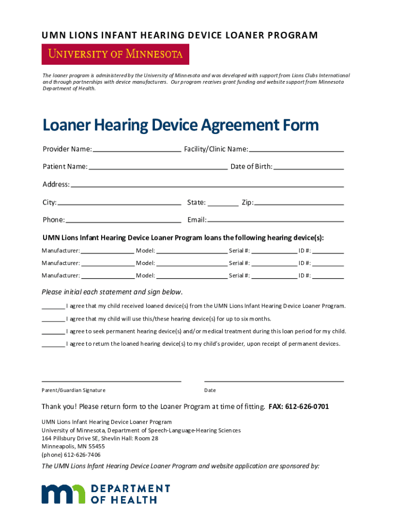 Fillable Online Loaner Hearing Device Agreement Form. MDH Hearbank ...