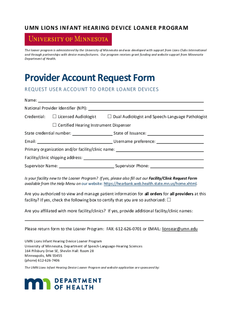 Fillable Online Provider Account Request Form. MDH HearBank website user account request form ...