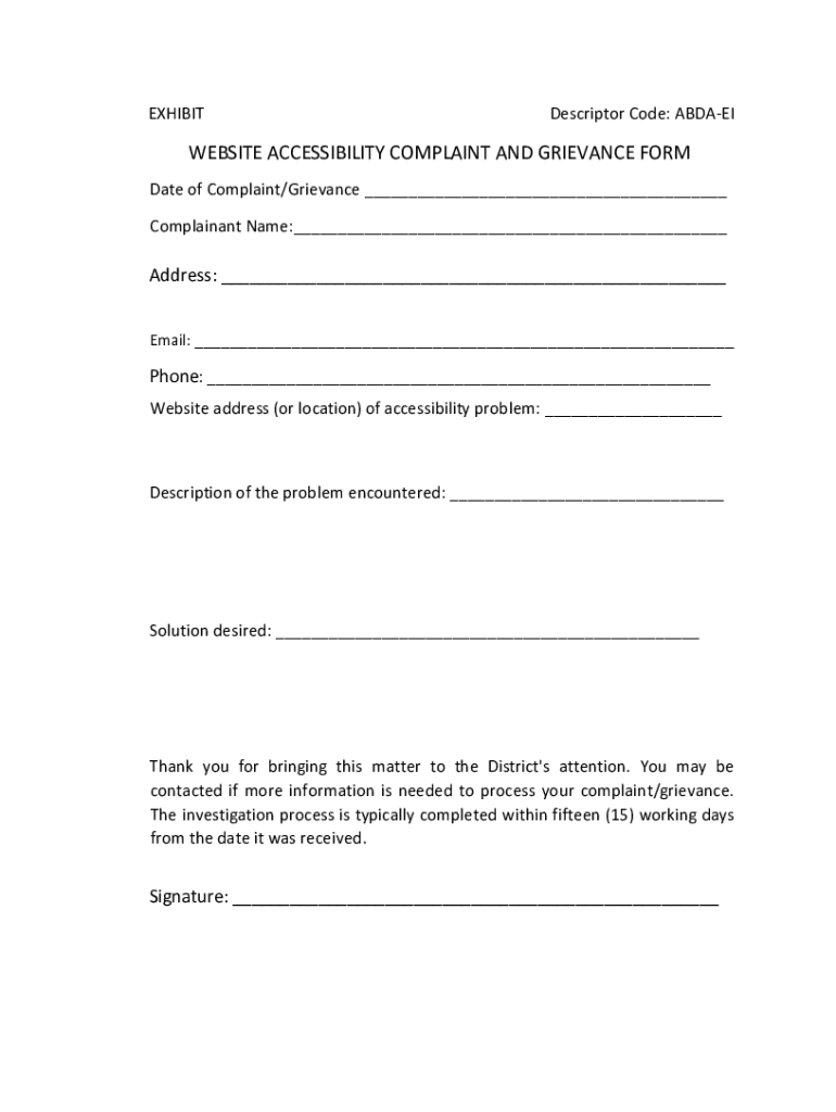 Fillable Online ADA Compliance and Grievance Form. ADA Compliance and ...