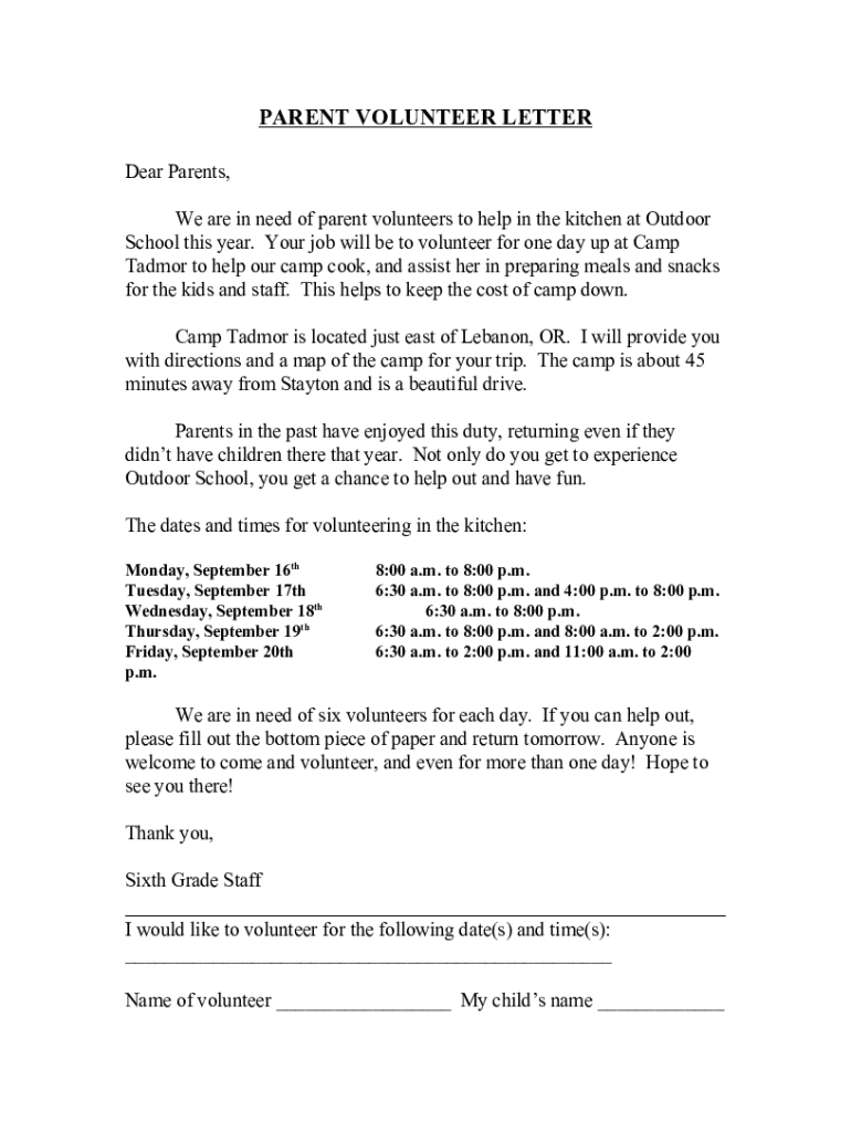 Fillable Online Sample Letter Asking For Parent Volunteers Fax Email ...