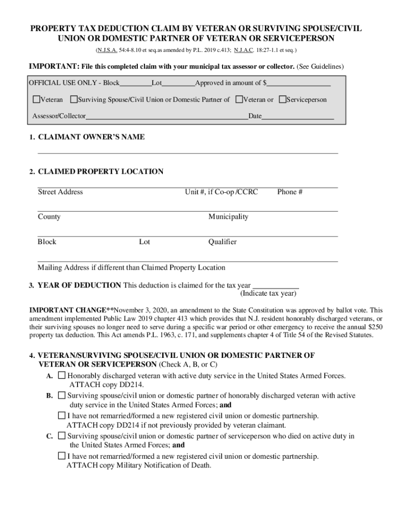 Fillable Online Veteran Deduction Claim Form VSS. PTD CLAIM BY VETERAN ...