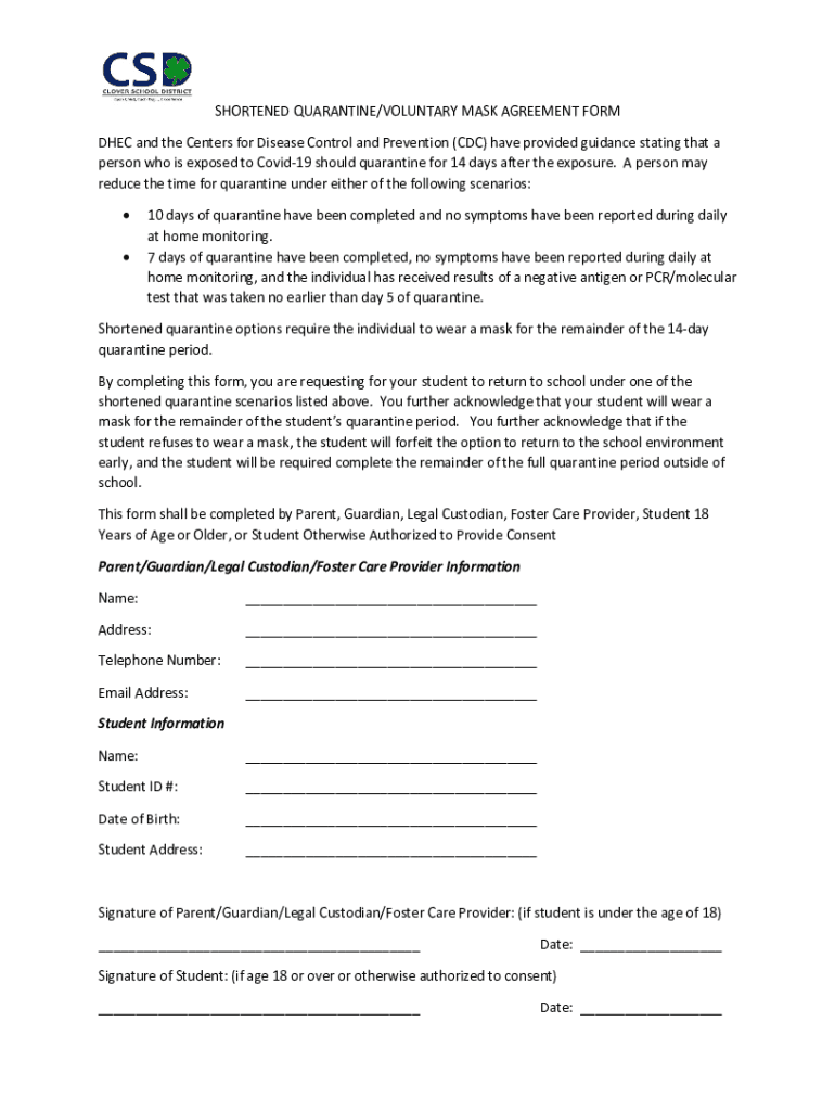 Fillable Online SHORTENED QUARANTINE/VOLUNTARY MASK AGREEMENT FORM DHEC ...