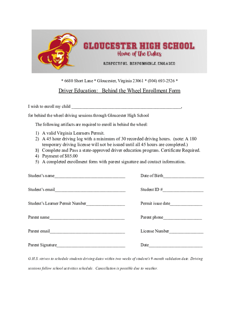 Fillable Online Driver Education: Behind the Wheel Enrollment Form Fax ...