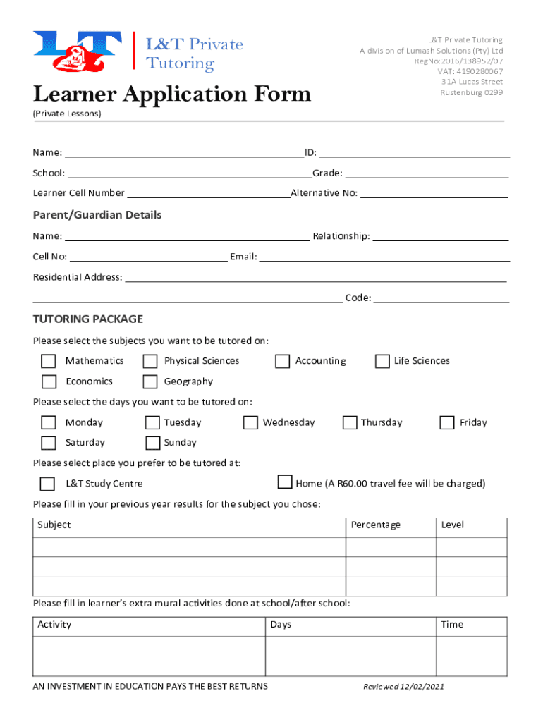 Fillable Online Learner Application Form 31A Lucas Street Rustenburg ...