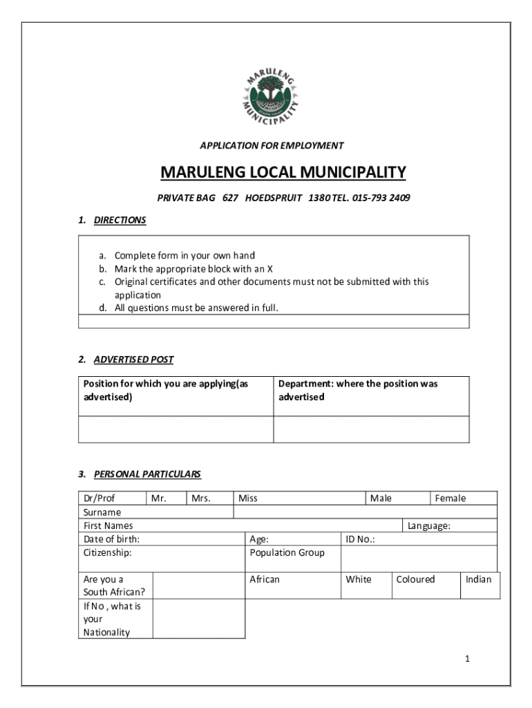 Maruleng Municipality Application Form - Fill Online, Printable ...