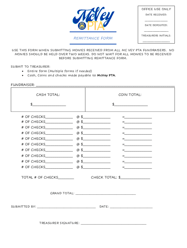 Fillable Online USE THIS FORM WHEN SUBMITTING MONIES RECEIVED FROM ALL ...