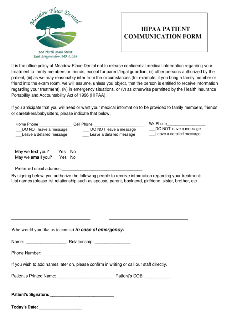 Fillable Online HIPAA PATIENT COMMUNICATION FORM - Meadow Place Dental ...