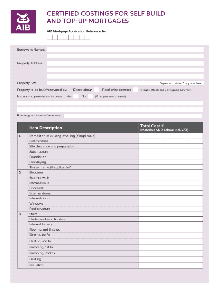 Fillable Online CERTIFIED COSTINGS FOR SELF BUILD AND TOP-UP MORTGAGES ...