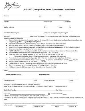 Fillable Online 2019-2020 Competition Team Tryout Form- Water Street ...