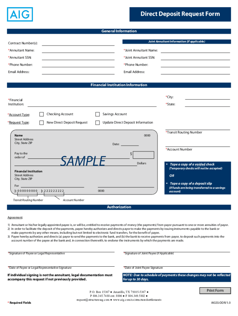 Fillable Online Direct Deposit Request Form - Insurance from AIG in the ...