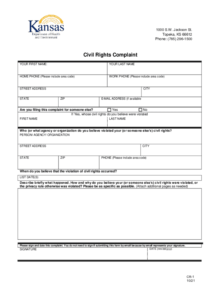Fillable Online Civil Rights Complaint - kdheks.gov Fax Email Print ...