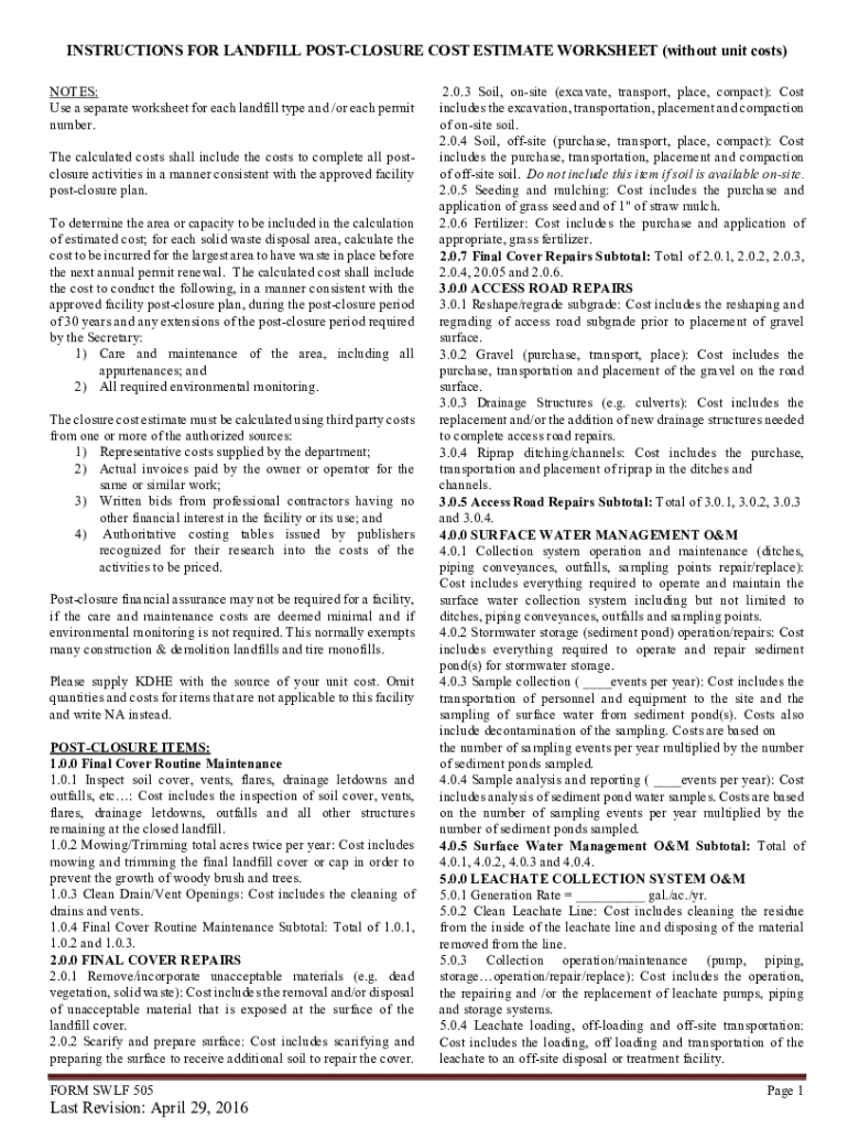 Fillable Online INSTRUCTIONS FOR LANDFILL CLOSURE COST ESTIMATE ...