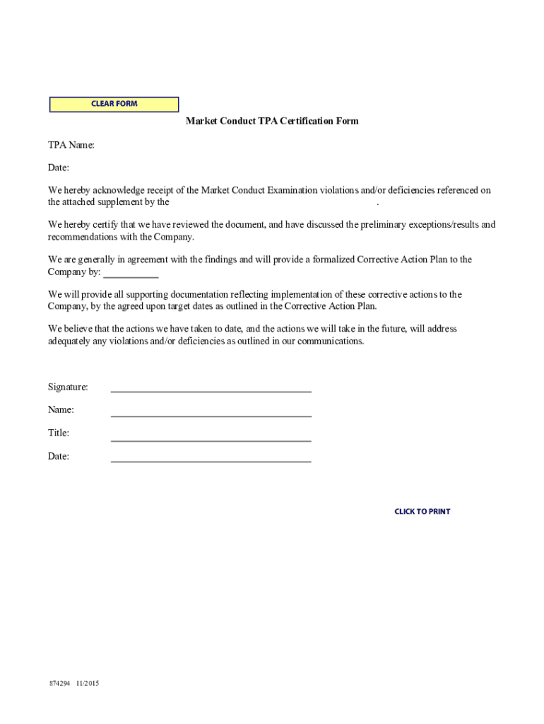 Fillable Online Market Conduct TPA Certification Form. 874294 ...
