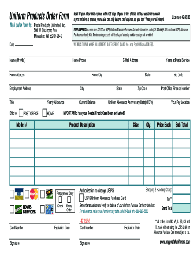 Fillable Online Uniform Products Order Form Note: If your allowance ...
