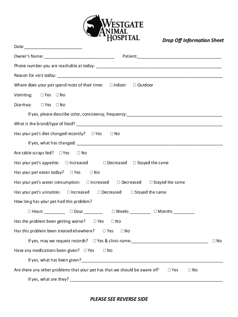 Fillable Online Drop Off Information Sheet - WESTGATE ANIMAL HOSPITAL ...