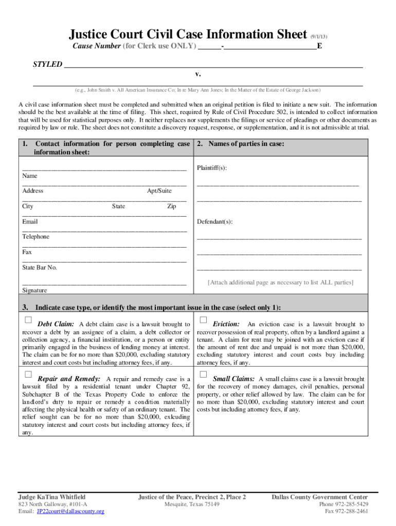 Fillable Online Civil Case Information Sheet - newtools.cira.state.tx ...