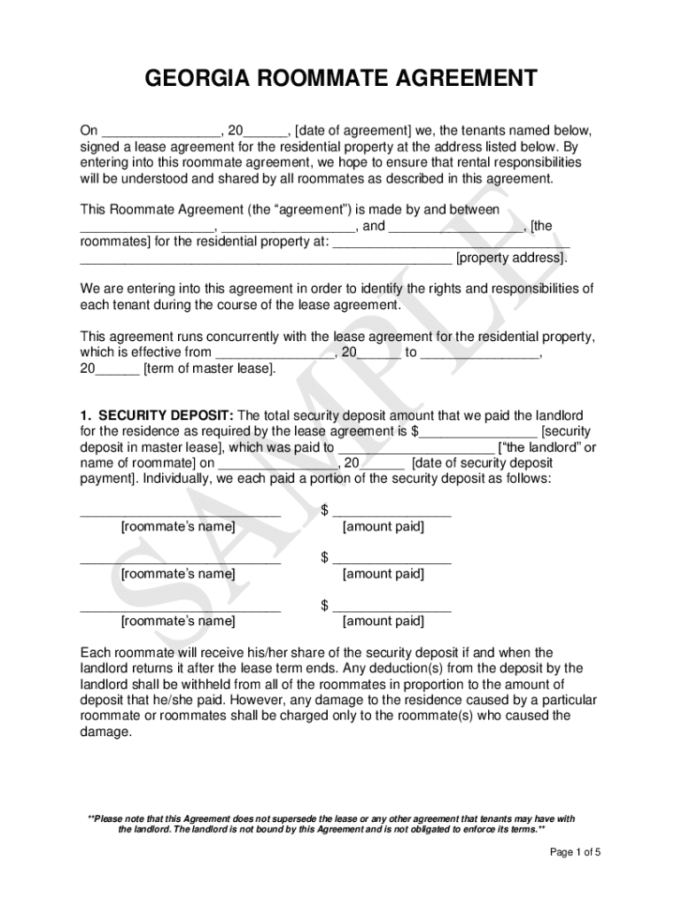 Fillable Online dch georgia SAMPLE Roommate Agreement - Current StudentsSAMPLE Roommate ...
