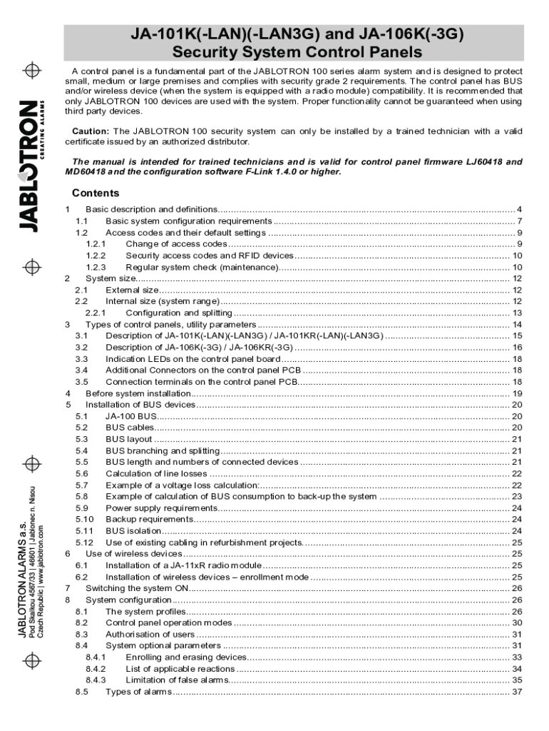 Fillable Online JA-106K-3G Control panel with built-in 3G / LAN ...