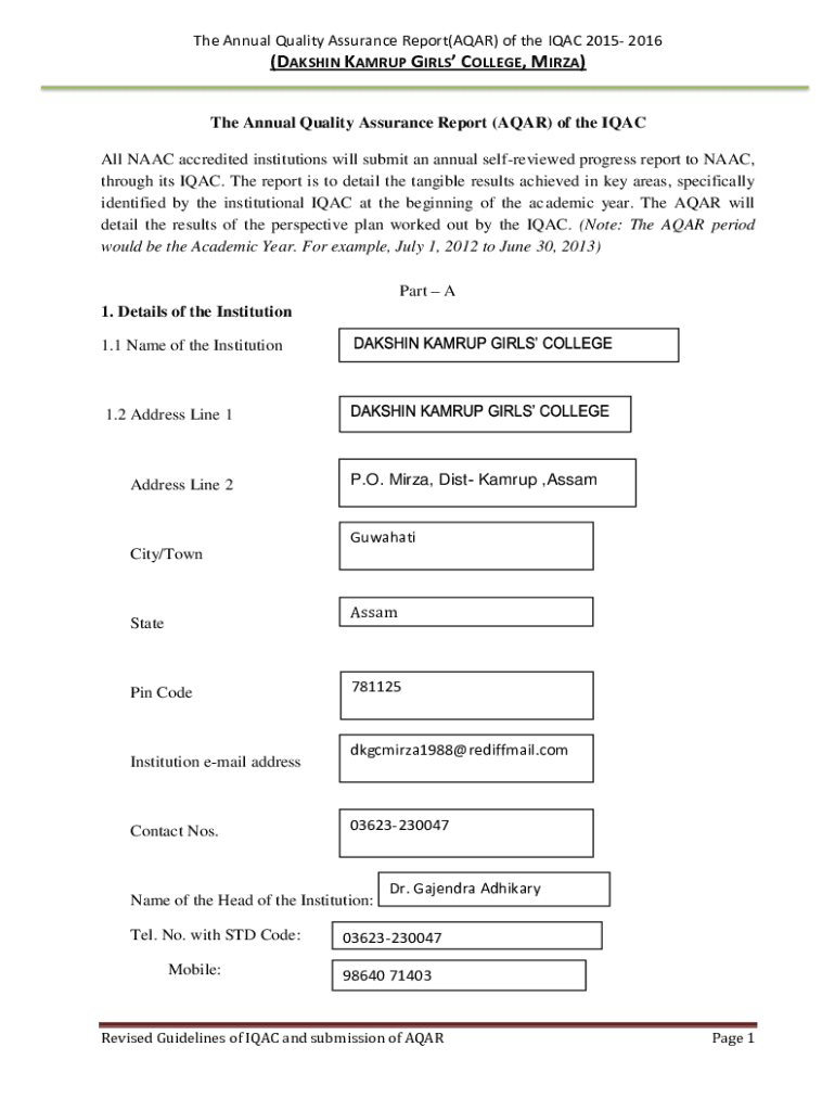 Fillable Online The Annual Quality Assurance Report(AQAR) of the IQAC 2015 ... Fax Email Print ...