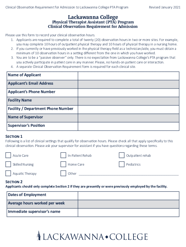 Fillable Online Clinical Observation Requirement for Admission to Lackawanna College PTA Program ...