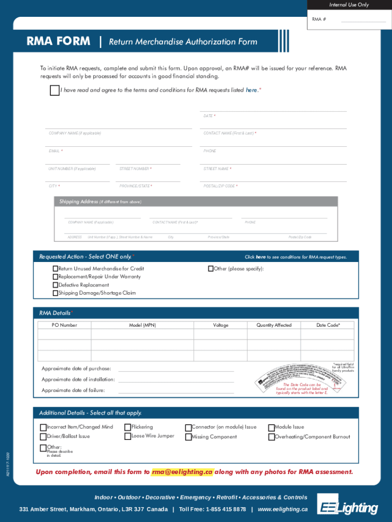Fillable Online EELighting Return Merchandise Authorization (RMA) Form ...