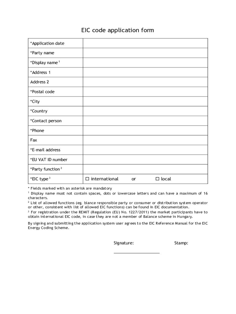Fillable Online HTSO EIC Code Application Request Fax Email Print - pdfFiller