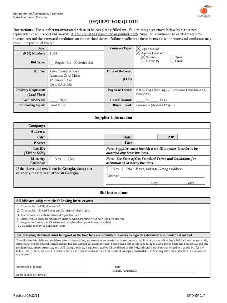 State Entity RFQ Template Doc Template | pdfFiller