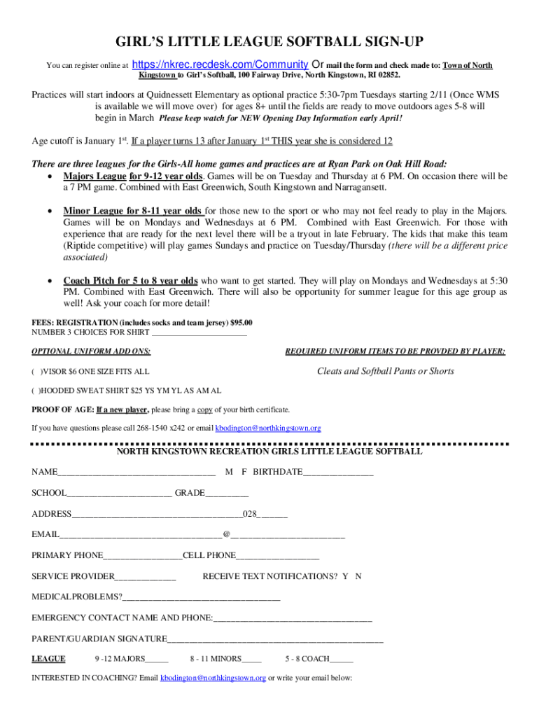 Fillable Online girl's little league softball sign-up - North Kingstown ...