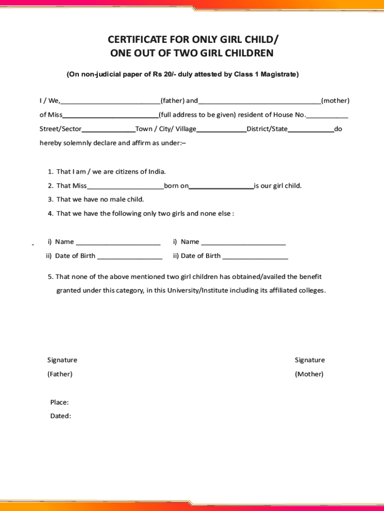 Fillable Online CERTIFICATE FOR ONLY GIRL CHILD/ ONE OUT OF TWO GIRL ...