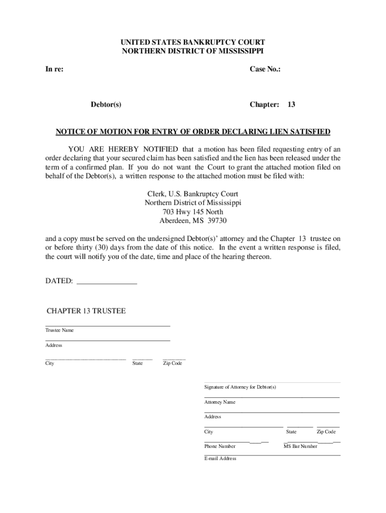 Fillable Online 30-Day Notice of Amended Chapter 13 Plan Mississippi ...