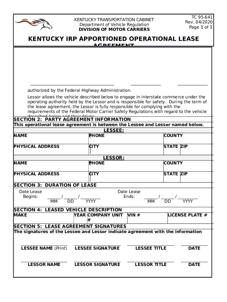 Kentucky IRP Apportioned Operational Lease Agreement - Blank Fillable ...