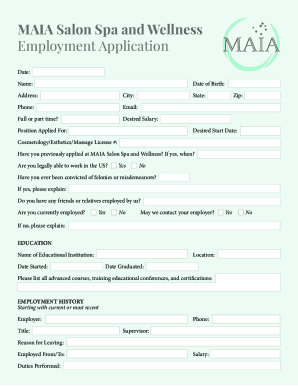 Fillable Online MAIA Salon Spa and Wellness Employment Application MAIA ...