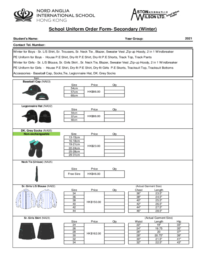 Fillable Online School Uniform Order Form- Secondary (Winter) Fax Email ...